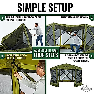 Hike Crew 12’ x 12’ Pop-Up Gazebo Screen Tent | Screened 6-Sided Instant Outdoor Canopy Shelter with Stakes, Ropes & Carry Bag for Camping, Sports & Picnic Table | UV Resistant SPF 50+