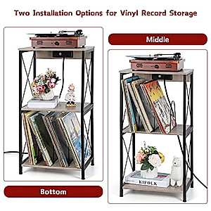 YBING Record Player Stand 3-Tier Turntable Stand with Record Storage End Table with Charging Station Vinyl Record Storage Stand with Divider Nightstand for Living Room Bedroom Office, Oak