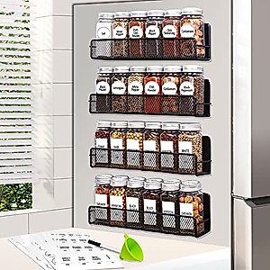 Churboro 4 Pack Magnetic Spice Rack Organizer with 24 Glass Spice Jars-Moveable Magnetic Shelf for Refrigerator- 4 oz Spice Containers with Labels, Medium, Metal Black