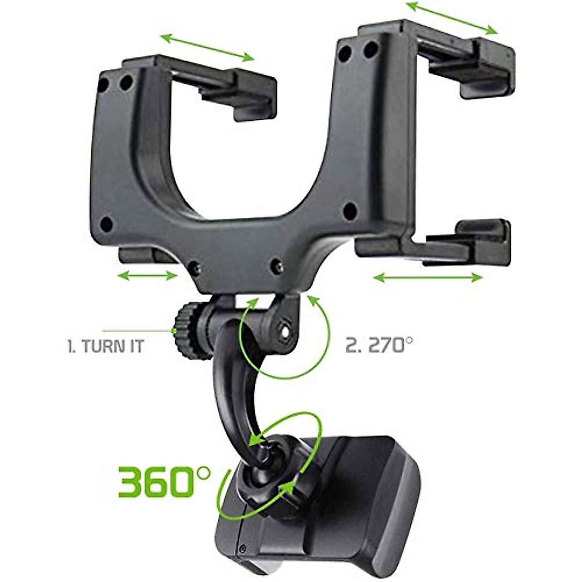 Merkury Innovations Rearview Mirror Car Mount Grip Clip for Universal Smartphones, Multimedia Devices, GPS Units, Fits 3.5'-5.5' Screens, 270° Swivel, Rubberized Clips, iPhone/iPod, Samsung Galaxy