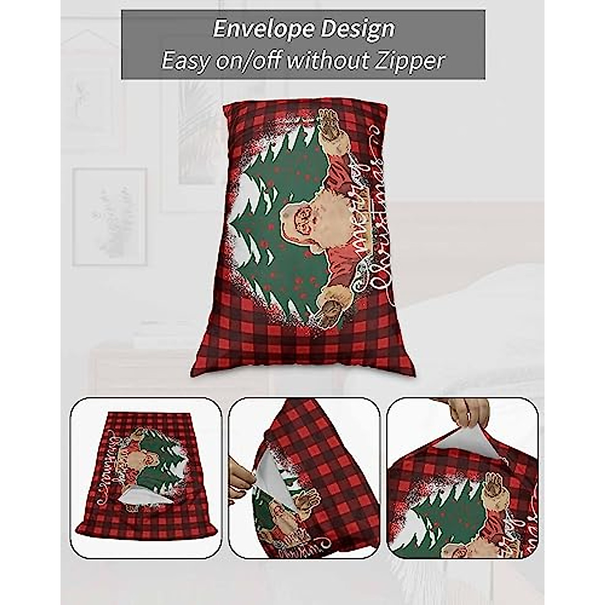 Standard Size Pillowcases Merry Christmas Pillow Case Set of 2, Soft Throw Pillow Covers with Envelope Closure Decorative Bed Pillow Shams for Bedroom Sofa Couch Santa Claus Xmas Tree Red Plaid