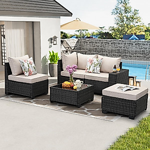 JOYURE 5 Pieces Patio Furniture Set All-Weather Outdoor Wicker Sectional Conversation Sofa Rattan Patio Seating Sofa with Cushion and Glass Table and Ottoman for Porch,Beige