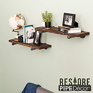 Industrial Pipe Wooden Shelves Restore by Pipe DÉCOR Premium Douglas Fir Wood Shelving 24 Inch Length Set of 2 Boards and 4 Straight Brackets Trail Brown Finish