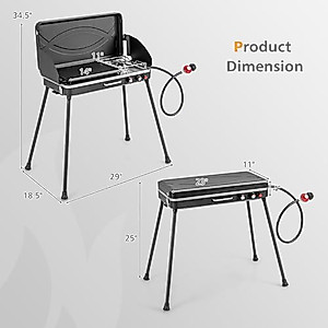 Giantex 2-in-1 Gas Camping Grill and Stove, Portable Propane Grill Burner with Dual Control Knobs, Detachable Legs, 3-Sided Wind Screen, Gas Hose with Regulator, 20,000 Total BTUs (Black)