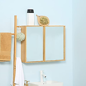 kleankin Bamboo Bathroom Medicine Cabinet, Wall Mounted Storage with Mirrors, Shelves, Natural