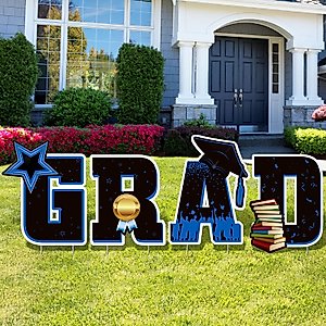 43 Inch Grad Yard Signs Graduation Decoration 2023 Graduation Lawn Sign Glitter Waterproof Congrats Grad Sign with Stakes for Graduation Party Outdoor Garden Decorations Supplies (Blue)