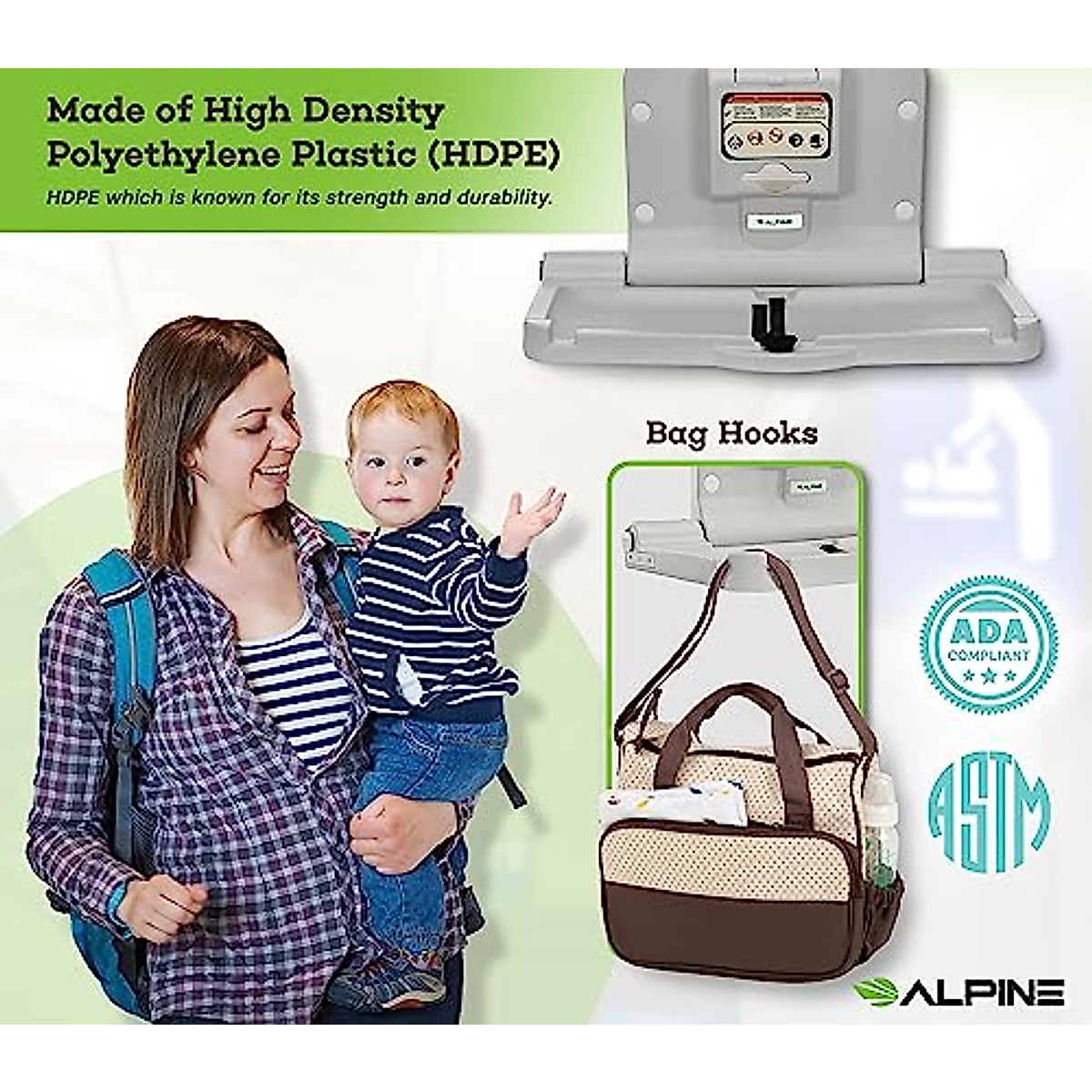 Alpine Wall Mounted Baby Changing Station - Horizontal Baby Changing Table Foldable Diaper Tables with Safety Strap for Commercial Bathroom, ADA Compliant (Hardware Included) White Gray