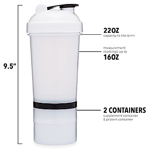GOMOYO [2 Pack] 20-oz Shaker Bottle with Attachable Storage Compartments (White & Black - 2 Pack) | 20 Ounce Protein Shaker Cup with Mixing Agitator