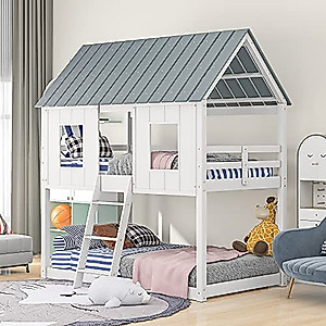 Polibi Twin-Over-Twin Wooden House Bed, Bunk Bed with Playhouse, Farmhouse, Ladder and Guardrails (White + Gray)