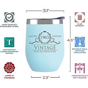 60th Birthday Gifts for Women - 1963, 12 oz Seaside Stemless Wine Tumbler - 60th Birthday Decorations for Women - Birthday Gifts for 60 Year Old Women Mom - Funny 60th Birthday Idea Presents for Women