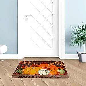 Thanksgiving Pumpkin Welcome Door Mats Indoor Entrance Rug Mat, Autumn Maple Leaf Rustic Brown Kitchen Floor Bathroom Carpets, Happy Fall Y'all Home Decor Absorbent Bath Non Slip Doormats 15.7"x23.6"