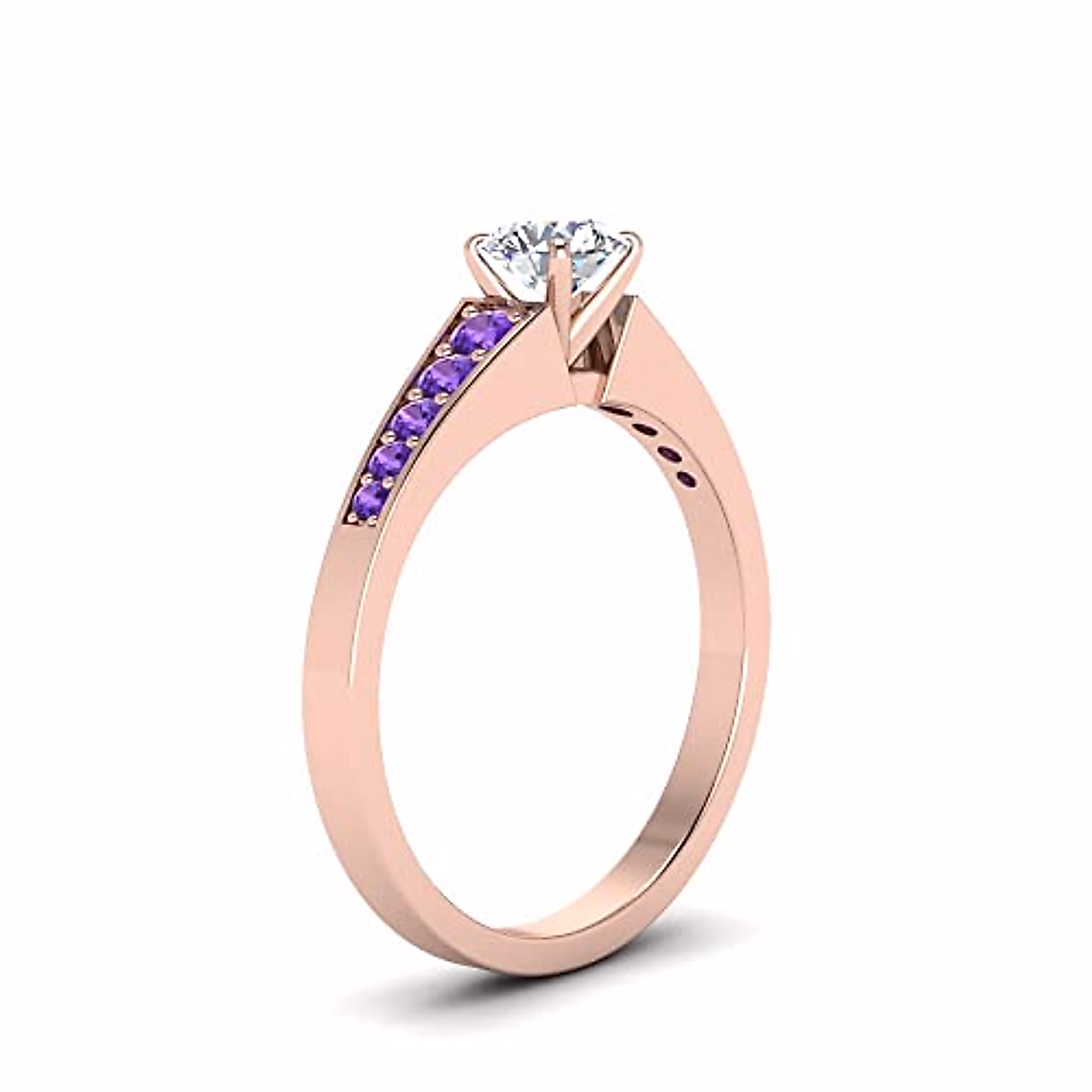 Gemsonclick Graduated Diamond Ring rose gold plated Natural Amethyst Round shape purple color Side Stone Engagement Rings prong Setting in Size 9 Party Wear Daily Wear Ornament