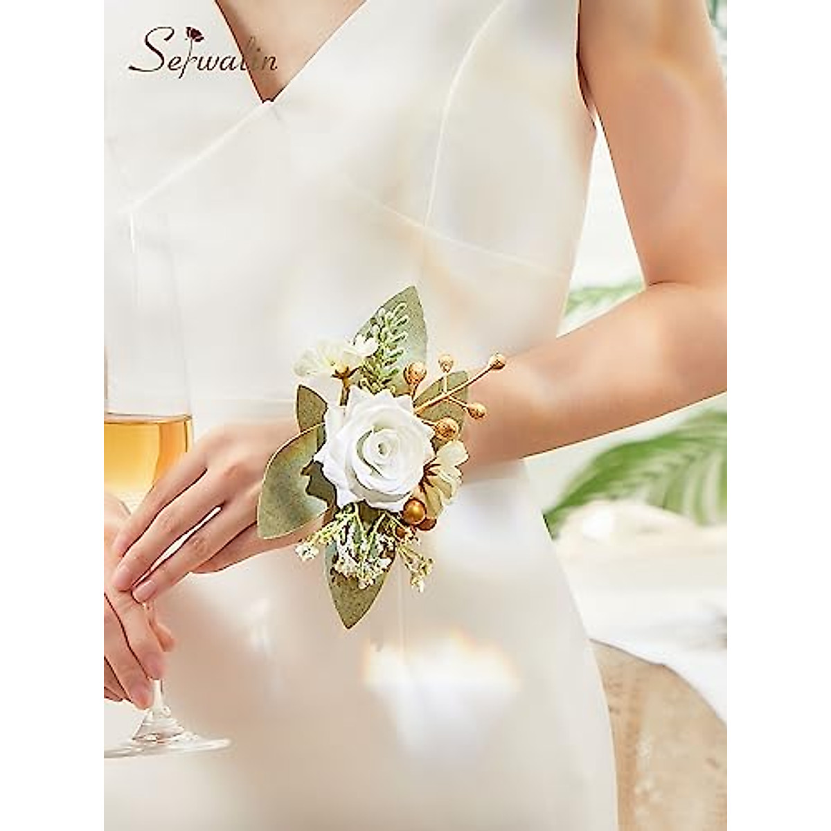 Serwalin White Corsage and Boutonniere Set, Prom Artificial Flower Wrist Corsage Bracelets, Homecoming Corsage Wristlet, Boutonniere for Men Wedding Flowers Accessories Prom Suit Decorations