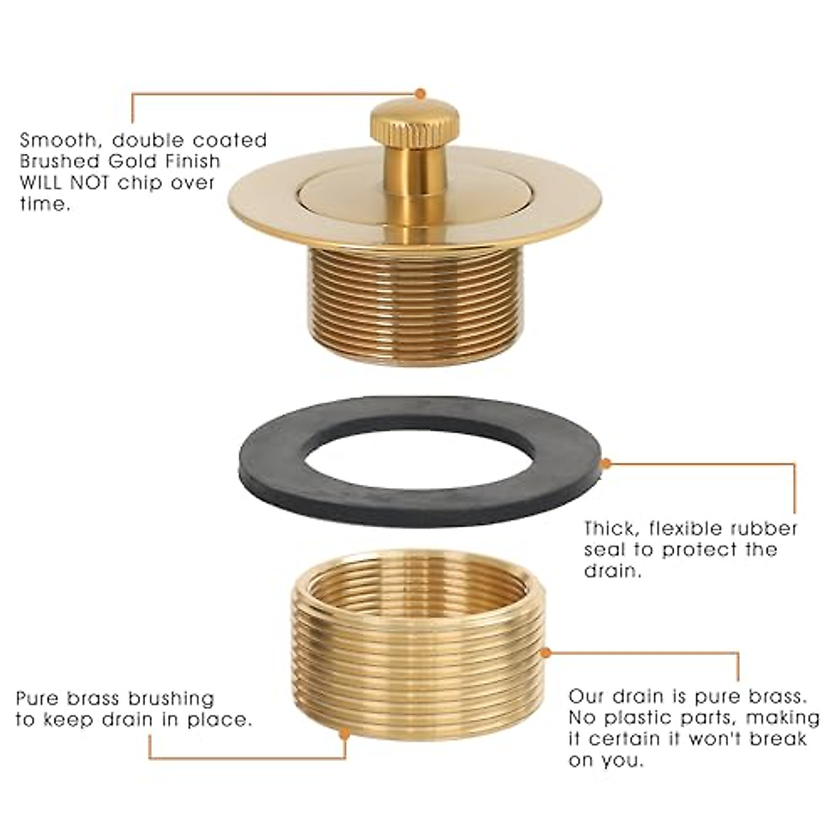100% Brass Lift and Turn Bathtub Drain Set w/Overflow Plate - Drain Conversion Kit - Fits All Bathtub Sizes - Universal Fine/Coarse Thread - Designed & Tested in America (Brushed Gold)