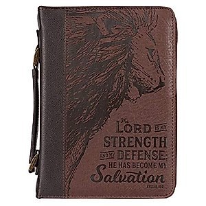 Christian Art Gifts Men's Classic Bible Cover The Lord is My Strength Lion Exodus 15:2, Brown Faux Leather, Medium