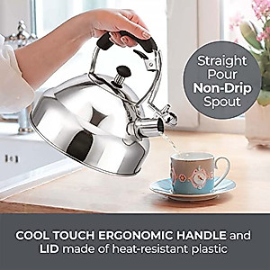 Stove Top Whistling Tea Kettle - Only Culinary Grade Stainless Steel Teapot with Cool Touch Ergonomic Handle and Straight Pour Spout - Tea Maker Infuser Strainer Included