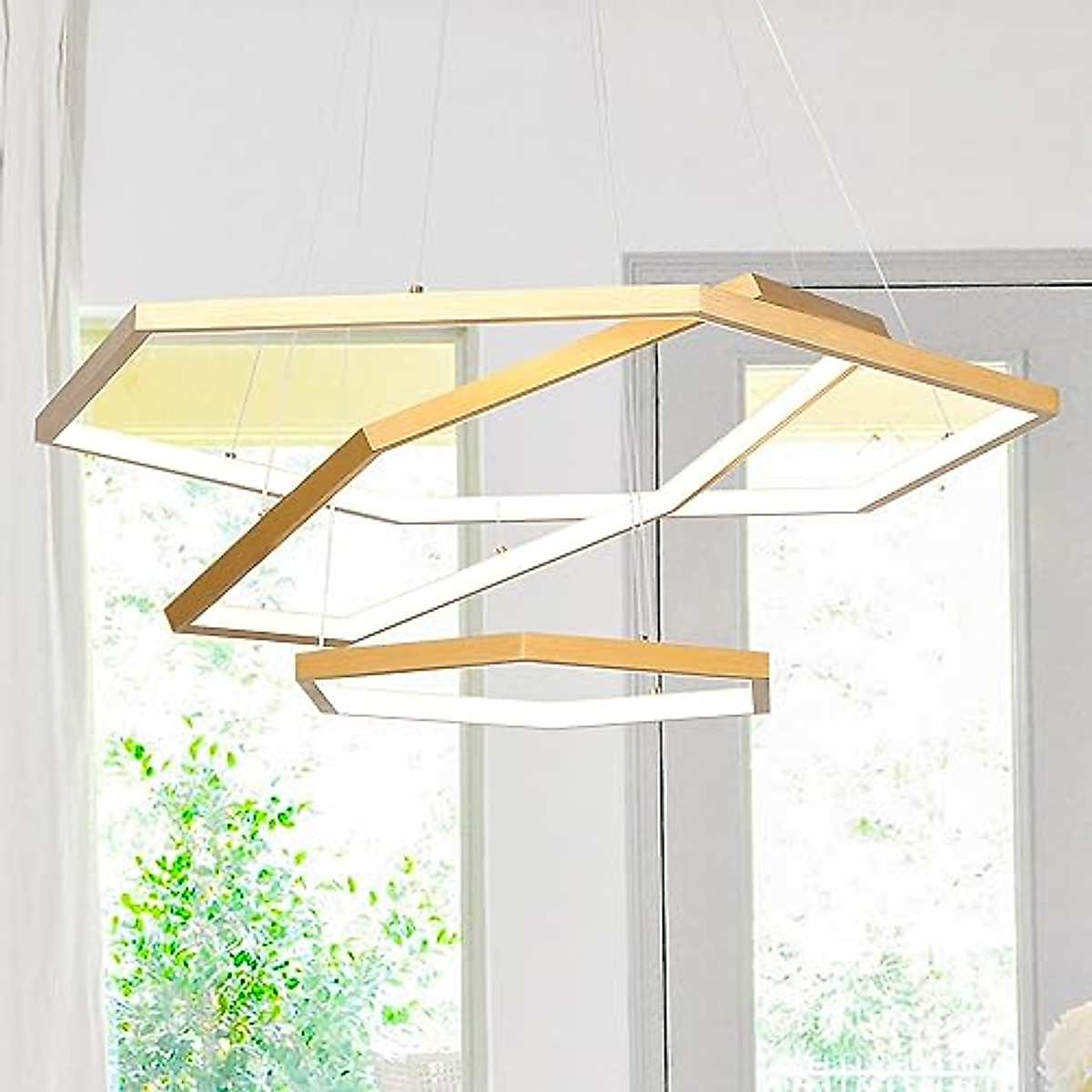 umeiluce 3 Lights Hexagon LED Chandeliers Brushed Gold Finish Chandelier Pendant Light Remote Dimmable Ceiling Hanging Light Fixture for Living Room Bedroom Dining Room