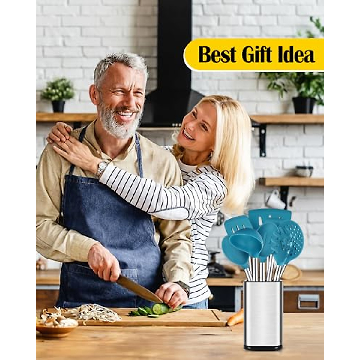 Silicone Cooking Utensil Set, 8Pcs Non-stick Cookware with Stainless Steel Handle, BPA Free Heat Resistant Kitchen Tools with Spatulas, Turners, Spoons, Skimmer and Pasta Fork