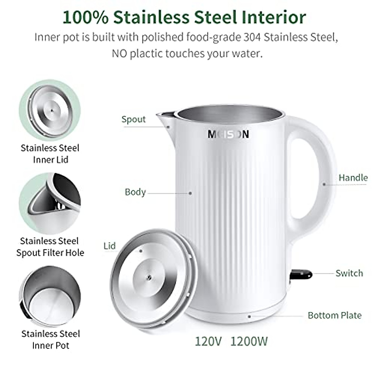 Electric Kettles Stainless Steel for Boiling Water, Double Wall Hot Water Boiler Heater, Cool Touch Electric Teapot, Auto Shut-Off & Boil-Dry Protection, 120V/1200W, 1.7 Liter, 2 Year Warranty(white)