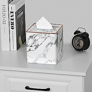 GOLRANLYE Tissue Box Cover Square PU Leather Facial Tissue Box Holder for Dresser Bathroom Decor (White Marble Pattern)