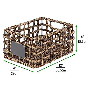 mDesign Water Hyacinth Open Weave Household Basket with Built-in Chalkboard Label for Storage in Bedroom, Bathroom, Office - Hold Clothes, Blankets, Linens, Accessories - 6 Pack - Brown Wash