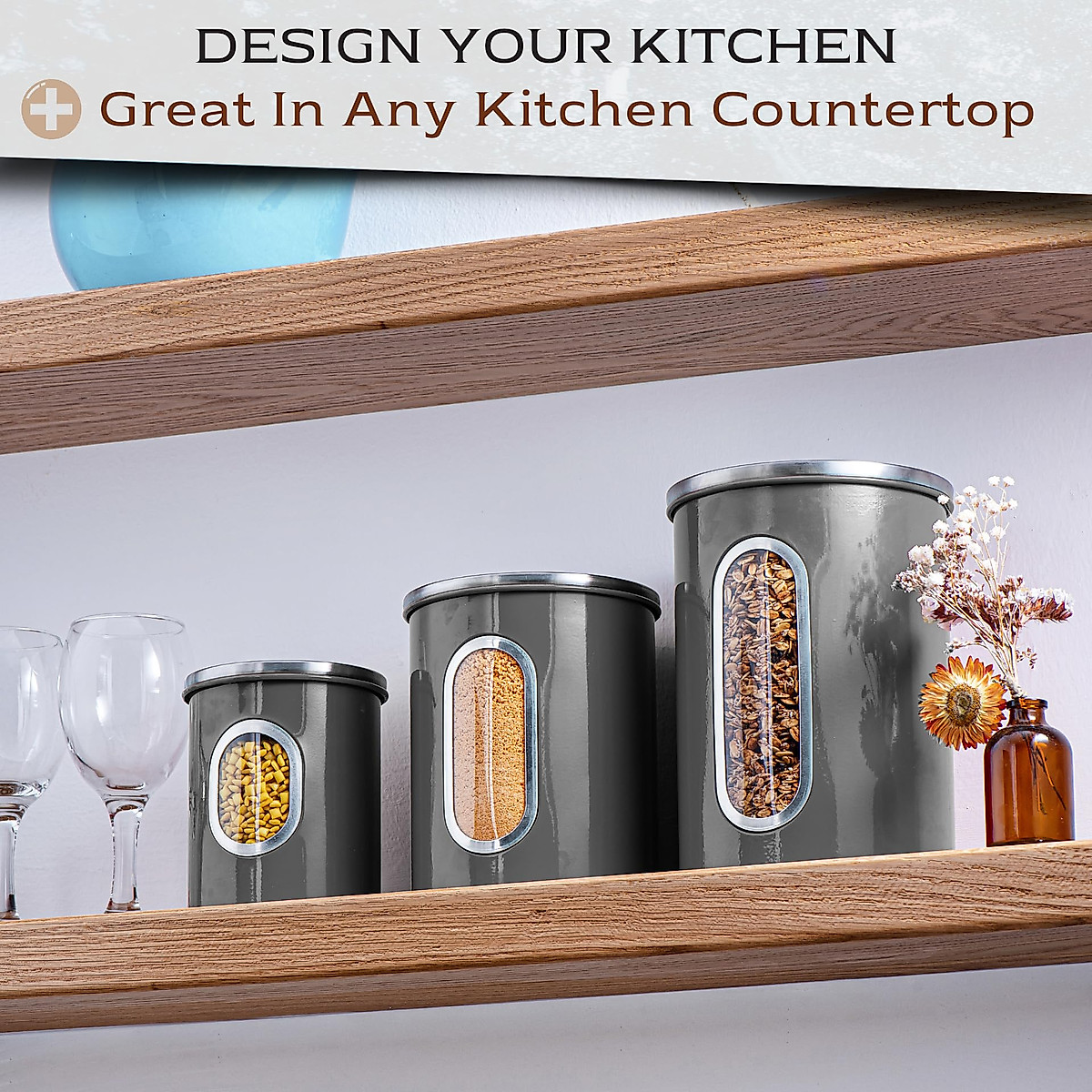 Moss And Stone 3 Piece Gray Canisters Sets For The Kitchen, Kitchen Jars With See Through Window | Airtight Coffee Container, Tea Organizer, And Sugar Canister, Kitchen Canisters Set of 3 (Grey)