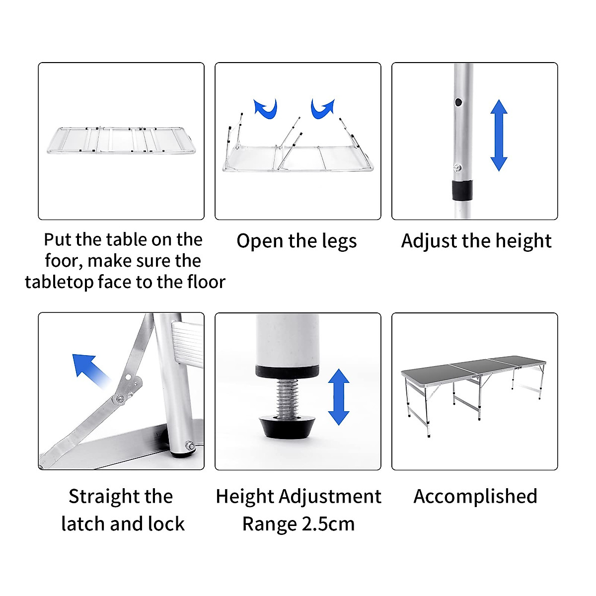 Moosinily 6 Ft Folding Table Adjustable Height Camping Table Aluminum Portable Table with Handle Tri-fold Outdoor Table Picnic BBQ Party Black