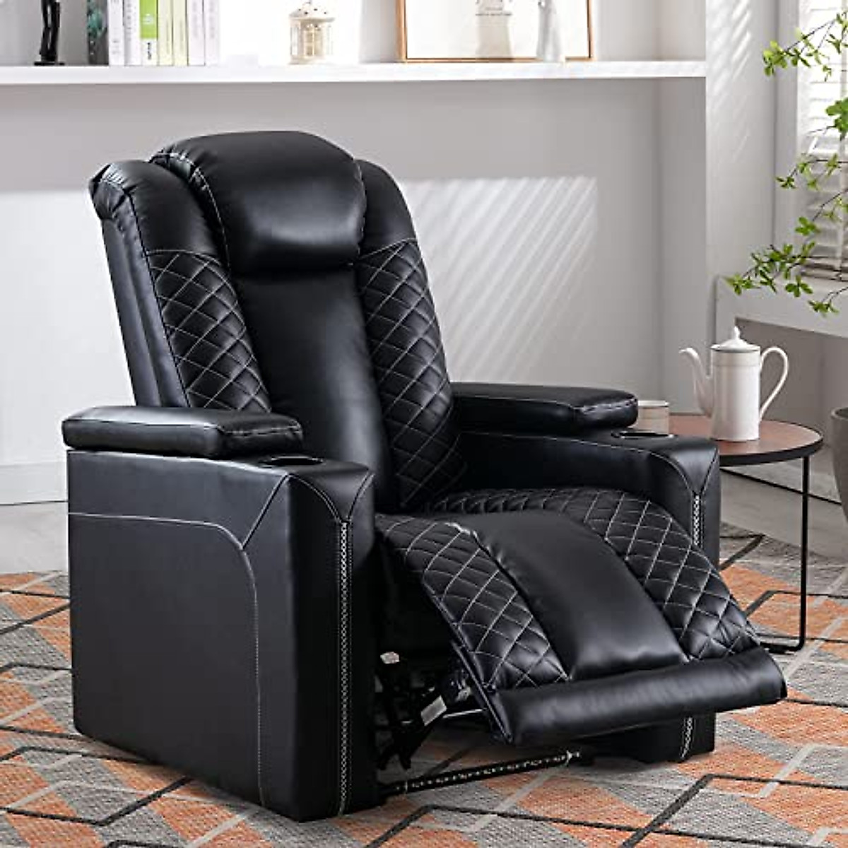 CANMOV Electric Power Recliner Chairs with USB Ports and Cup Holders, Breathable Faux Leather Home Theater Seating Recliner with Hidden Arm Storage, Ambient Lighting, Black
