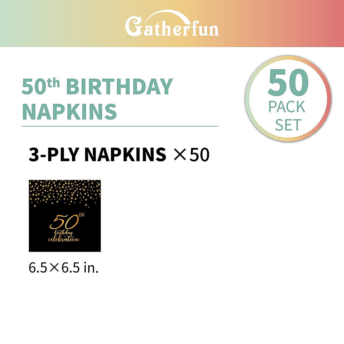 Gatherfun 50th Birthday Napkin Disposable Paper Napkins Black and Gold Party Decorations Tableware for Men Woman 50 Birthday Party（6.5X6.5in, 3-Ply, 50-Pack)
