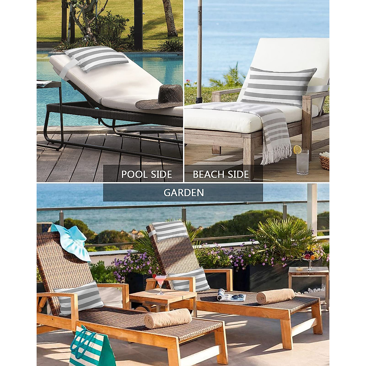 T&H XHome Outdoor Pillow for Chaise Lounge Chair, Gray and White Stripe Waterproof Headrest Pillow Lumbar Pillows with Adjustable Elastic Strap for Beach, Poolside, Patio, Office (2 Pack)