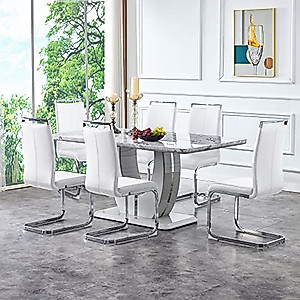 hohoedc 63" Morden Faux Marble Dining Room Table Set,Big Kitchen Dining Table for 6-8 with MDF Base,7 Piece Rectangle Dining Table Set &6 Pu Leather Upholstered Chairs Ideal
