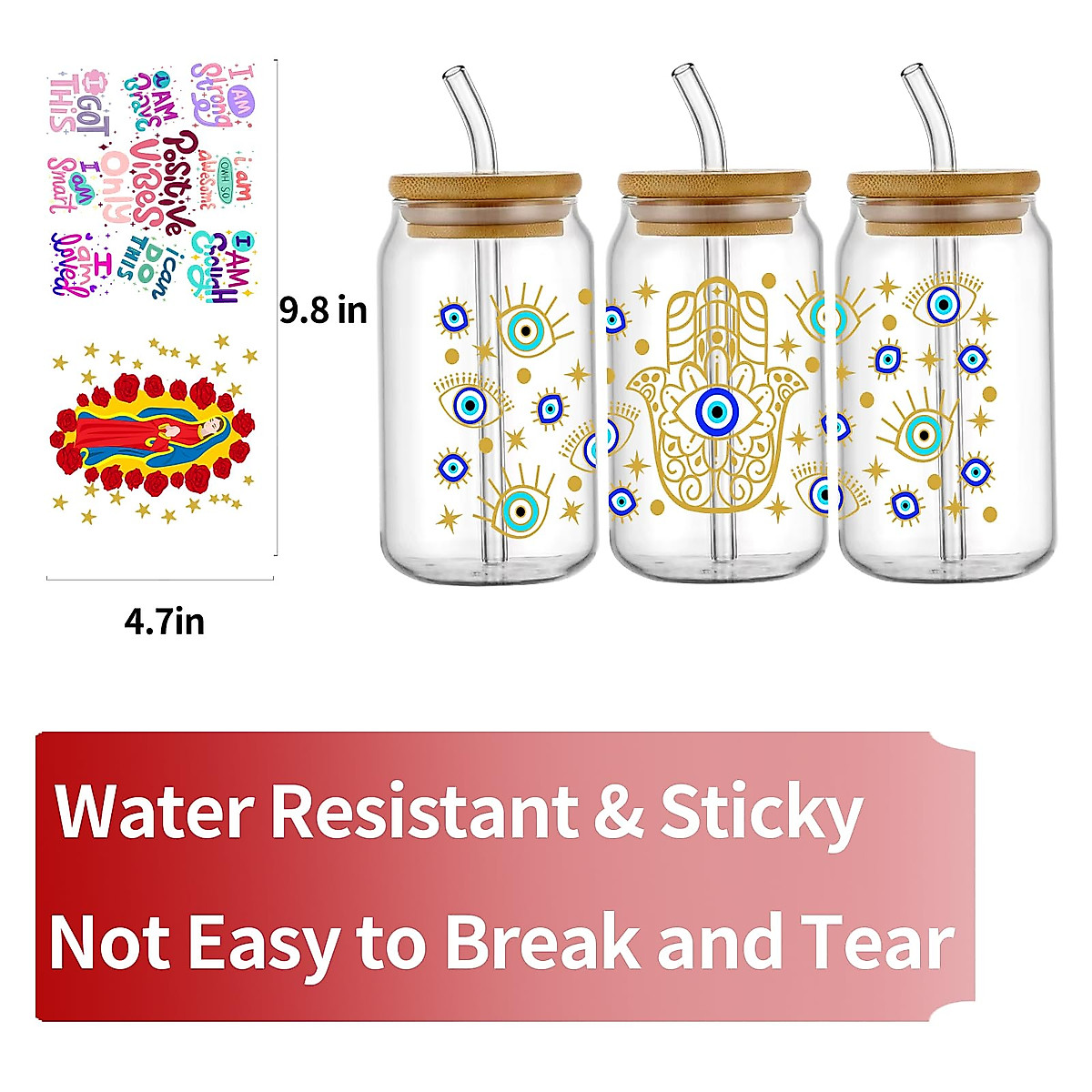 UV DTF Cup Wrap for Glass 16oz, 5 Sheetes uvdtf Eyes Transfers Stickers Cup Decals, Rub on Transfers Glass Cup Stickers for Tumbles Crafts, Permanent Adhesive, No Heat Needed