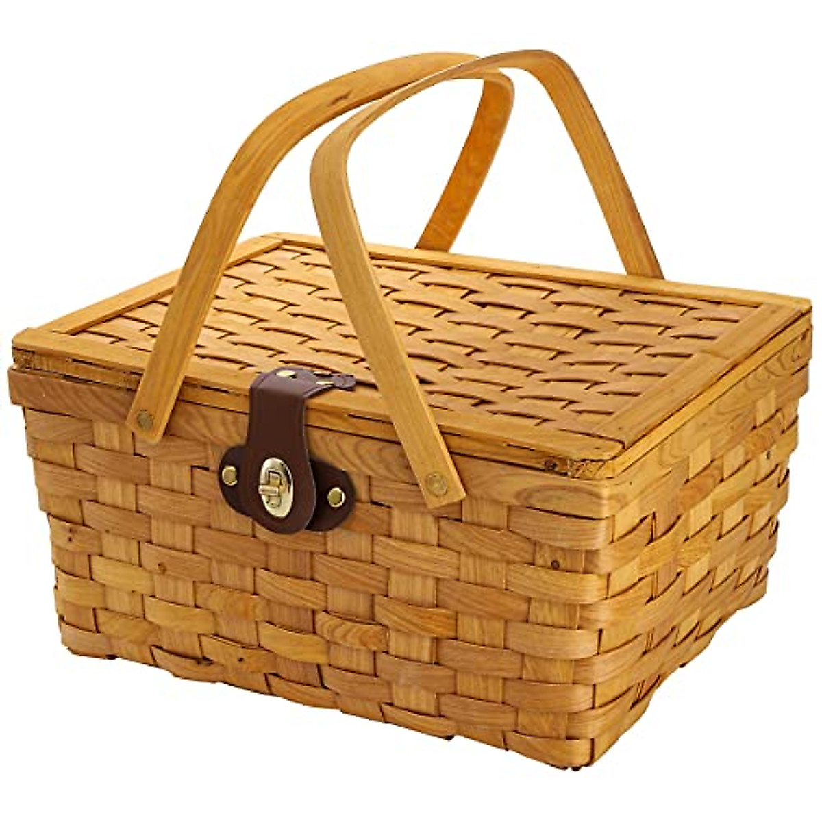 Yesland Picnic Basket with Lid and Double Folding Handles, Wood Chip Easter Basket with Gingham Pattern Lining Organizer - Blanket Storage for Egg Gathering Wedding Candy Gift - 13.8 x 9.7 x 7 Inch