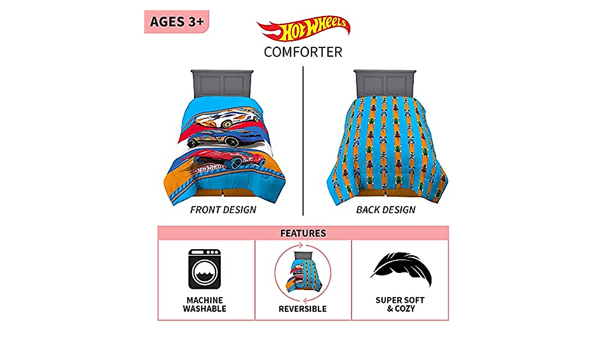 Hot Wheels Kids Bedding Reversible Comforter - Super Soft & Fun