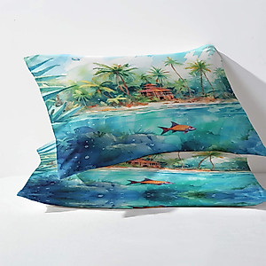 Fish Sheets Full Size, Tropical Landscape Bed Sheets, Patterned Bedding Sheets & Pillowcases 4 Piece Set - Soft Microfiber Deep Pocket Fitted Sheet & Flat Sheet & 2 Pillow Cases M2-&-191