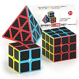 Vdealen Speed Cube Set, 2x2x2 3x3x3 Pyramid Magic Cube Set, Puzzle Cube Toys Birthday Party Christmas Stocking Stuffers Gift for Kids Teens Adults(Carbon Fiber Sticker)