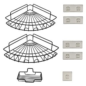 Corner Shower Caddy Basket Rack Stainless Steel with Hooks Wall Mounted Bathroom Shelf Storage Organizer Adhesive Rustproof No Drilling 3 Pack (Black)