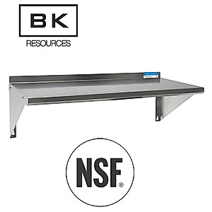 BK Resources Stainless Steel Wall Shelf, 16"x 32", 18 Gauge T-430 Steel, NSF Commercial Kitchen Food Service Use, 1.5" Backsplash, Angle Supports, BKWSE-1632