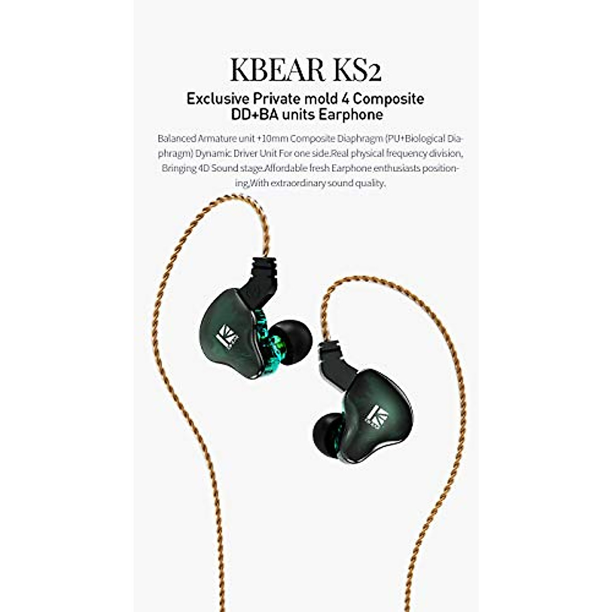 keephifi KBEAR in Ear Earphones KBEAR KS2 Wired Headphones 10mm 1BA+1DD in Ear Monitors with Detachable Cable HiFi Bass Earbuds Noise-Isolating Headset for Audiophile Musician (with mic, Dark Green)