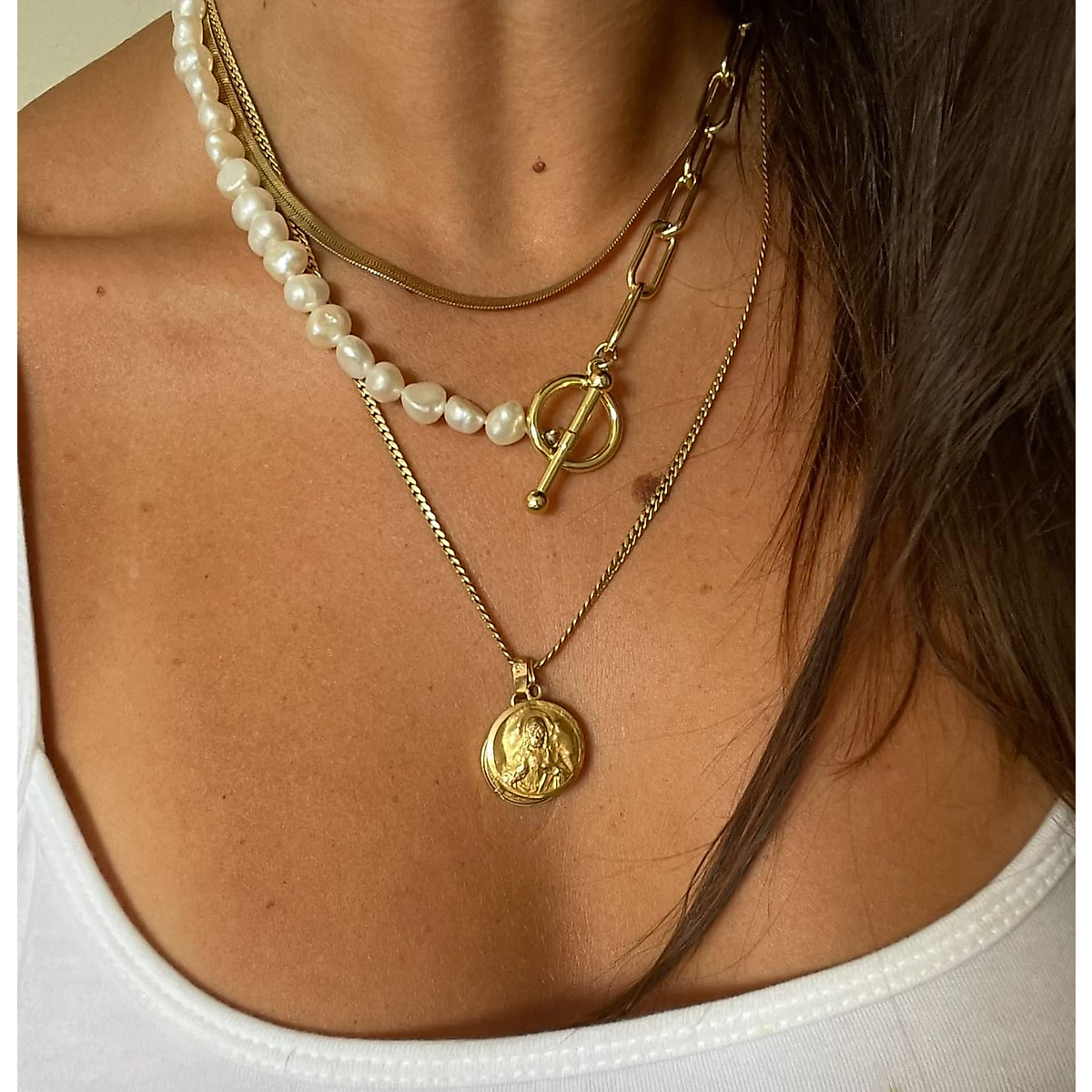 Cowlyn Paper Clip Pearl Necklace Vintage Chunky Link Chain Baroque Cultured Pearls 18K Gold Choker Fashion Retro Charm Valentine Jewelry for Women