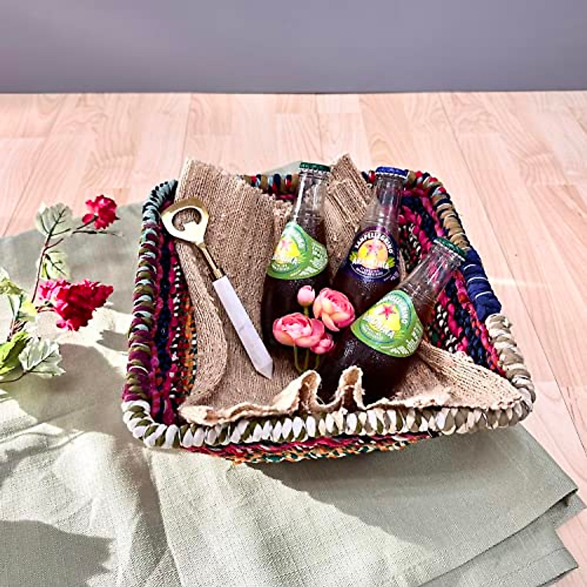 India Handicrafts Jute Square Basket With Multicolor Finish 20352