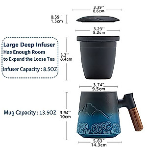 ZENS Tea Cup with Infuser and Lid, Gradient Embossed Ceramic Loose Leaf Mug, 15.2 Ounces Wood Handle Tea Steeper Mug for Gifts, Black&Blue