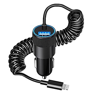【MFi Certified】iPhone Fast Car Charger, Caiinei 4.8A Dual USB Power Car Charger Fast Charging Cigarette Lighter Adapter+6FT Coiled Lightning Cable for iPhone 14 13 12 11 Pro/XS Max/Mini/XR/X/8/SE/iPad