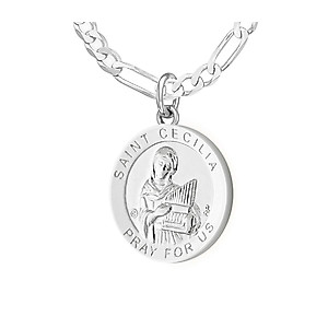 US Jewels Ladies 925 Sterling Silver 18.5mm Saint Cecilia Pendant 2.3mm Figaro Chain Necklace, 20in