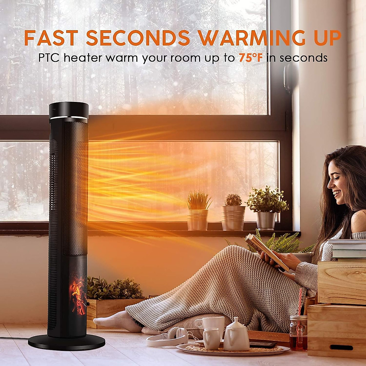 TRUSTECH 36" Tower Space Heater for Large Room, 1500W PTC Electric Heater with Adjustable Thermostat, 3D Flame, 12H Timer, Tower Heater for Indoor Use