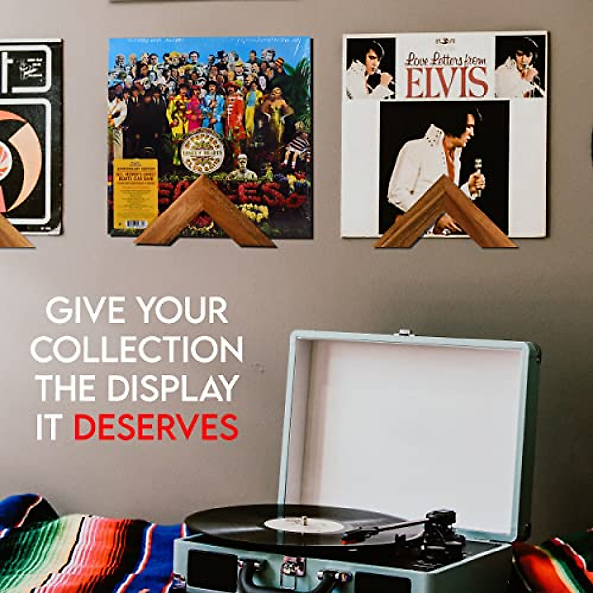 Tapeera Wooden Triangle Vinyl Record Stand Wall Mount - No Drill Wooden Vinyl Record Holder Accessories - Vinyl Record Display LP Floating Shelf - Album Frame For Vinyl Record No Screw (2 Stands)