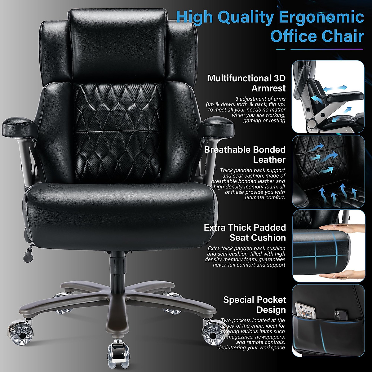 Big and Tall 500lbs Office Chair - Adjustable Lumbar Support 3D Flip Arms Heavy Duty Metal Base&Wheels, High Back Large Executive Computer Desk Chair, Thick Padded Ergonomic Design for Back Pain