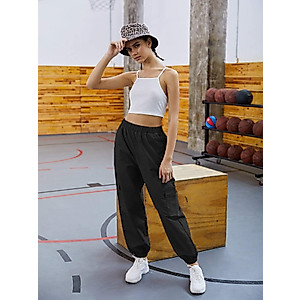 SweatyRocks Women's Casual Elastic Waist Jogger Workout Cargo Pants with Pockets Pure Black XS
