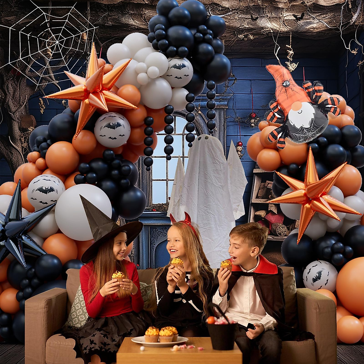 Wecepar 149pcs Halloween Balloon Garland Arch Kit Black Orange Sand White Balloon with Spider Elves and Moon Cat Foil Balloons for Birthday Halloween Day Party Decorations