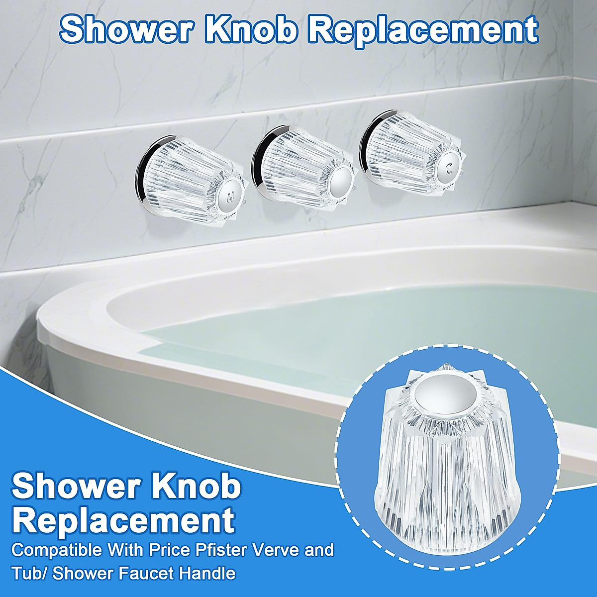 UCDETD Shower Knobs 3 Piece Replacement and Flange Base, Clear Acrylic Plastic Hot/Cold/Diverter Shower Knob Compatible with Price Pfister Contessa and Windsor Bathtub Shower Faucet Handle